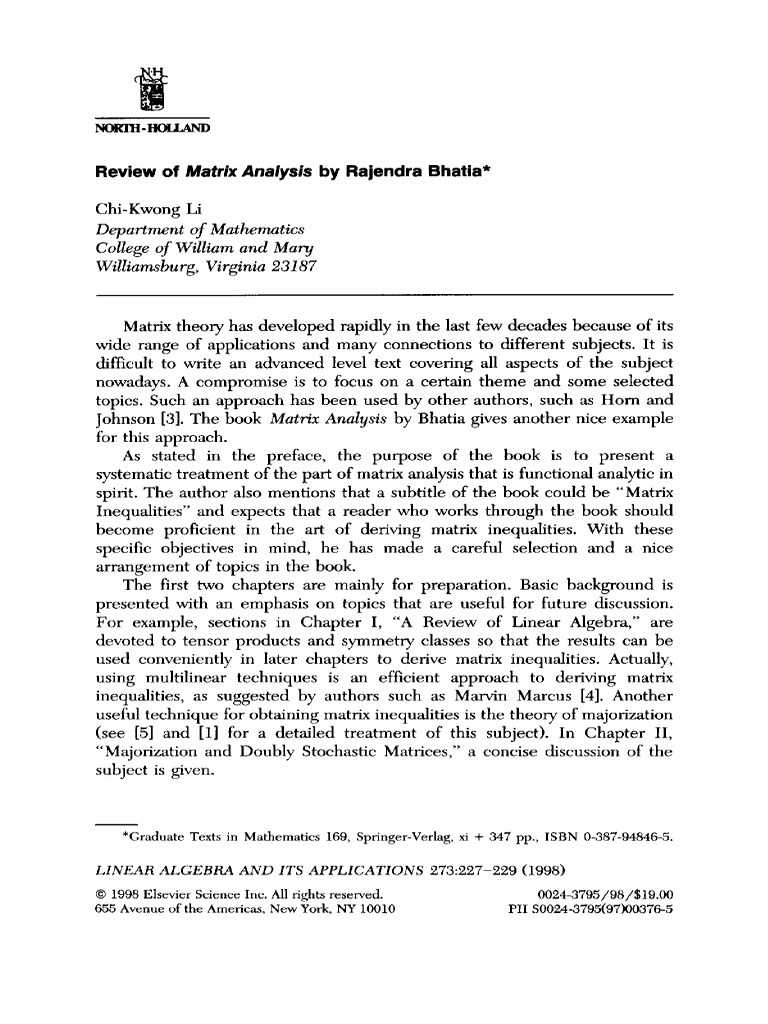 Review of Matrix Analysis by Rajendra B - 1998 - Linear Algebra and Its Applicat | PDF | Matrix ...