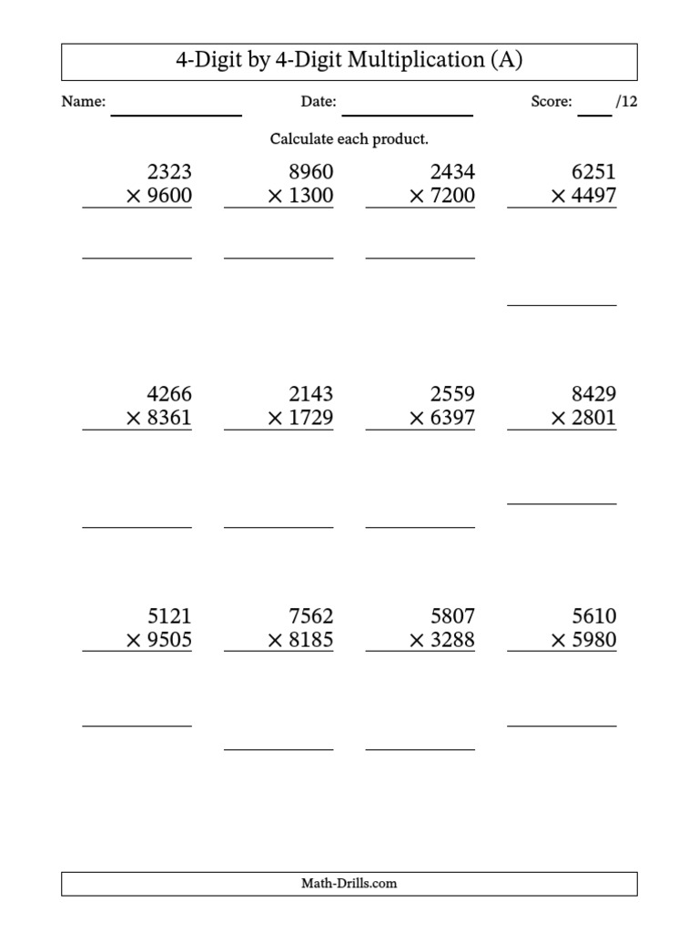 4-Digit Multiplication Practice Worksheet | PDF