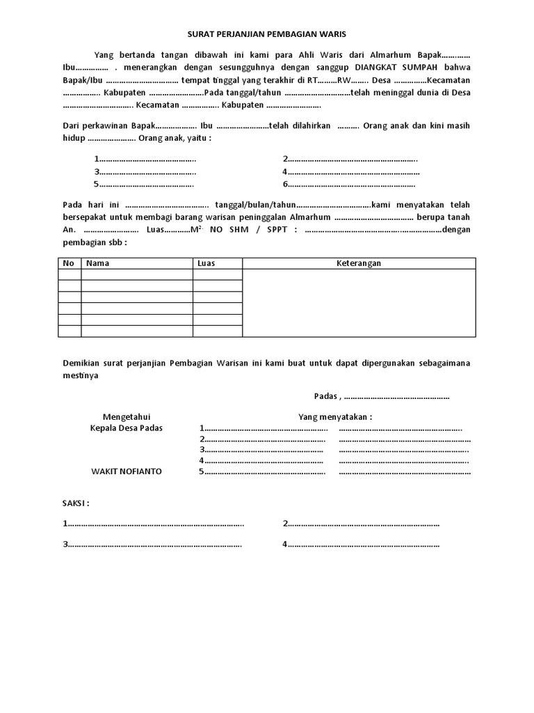 Surat Perjanjian Pembagian Waris | PDF