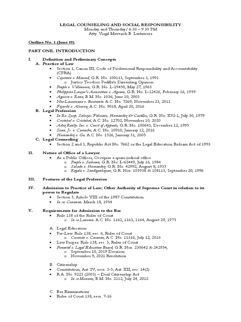 Legal Counseling and Social Responsibility Outline No. 1 Midterm 2023 ...