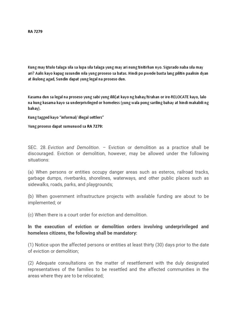 Ra 7279 | PDF | Squatting | Common Law