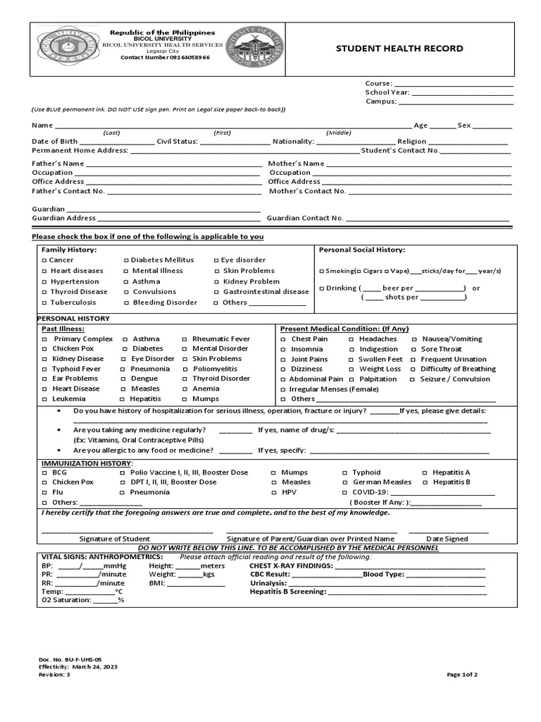Student Health Record Form - Front | PDF | Measles | Hepatitis