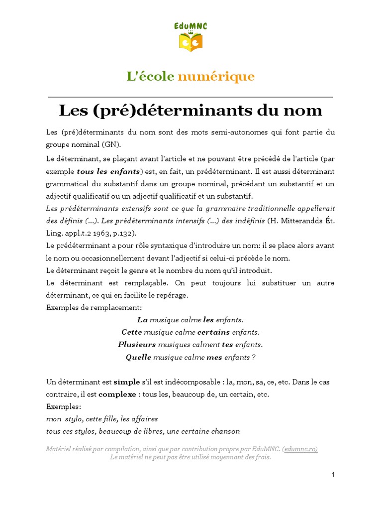 Les Prédéterminants du Nom en Français | PDF | Nombre grammatical ...