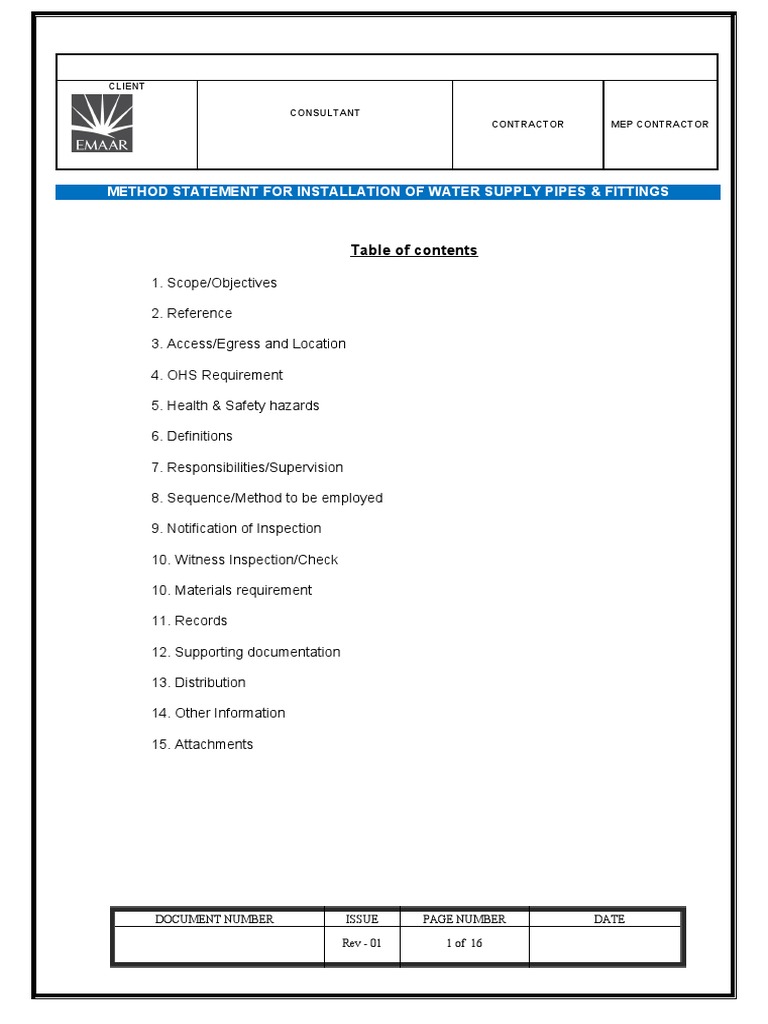 1.method Statement - INSTALLATION OF WATER SUPPLY PIPES & FITTINGS ...