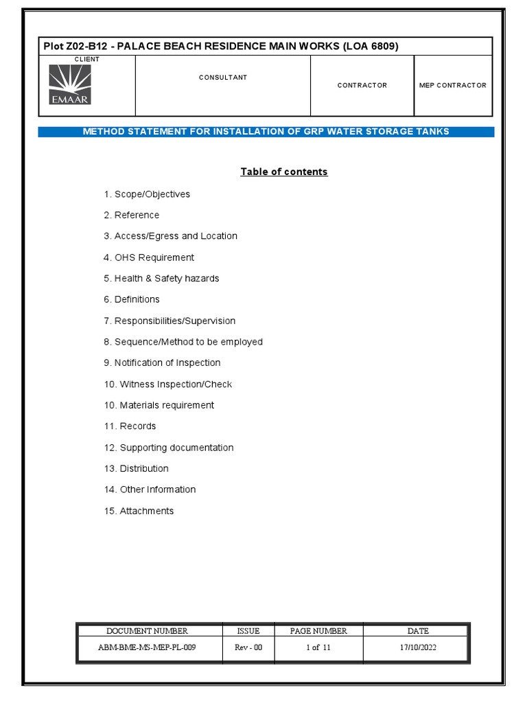 1.method Statement - INSTALLATION OF GRP WATER TANKS | PDF | Personal ...