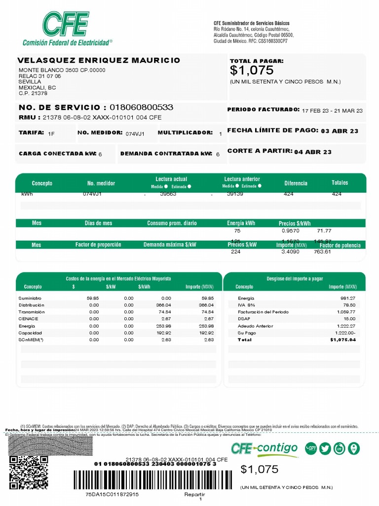 Ejemplo de Recibo de Luz CFE 2023 | PDF