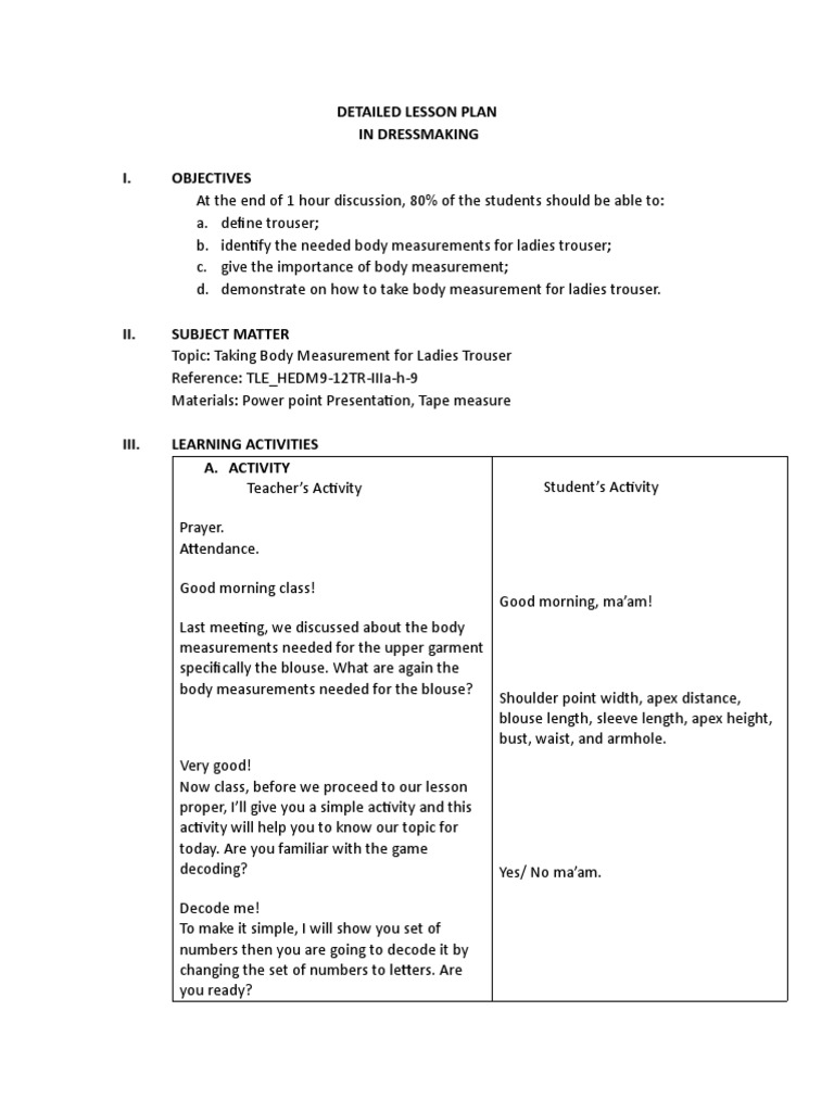 Detailed Lesson Plan | PDF | Trousers | Waist
