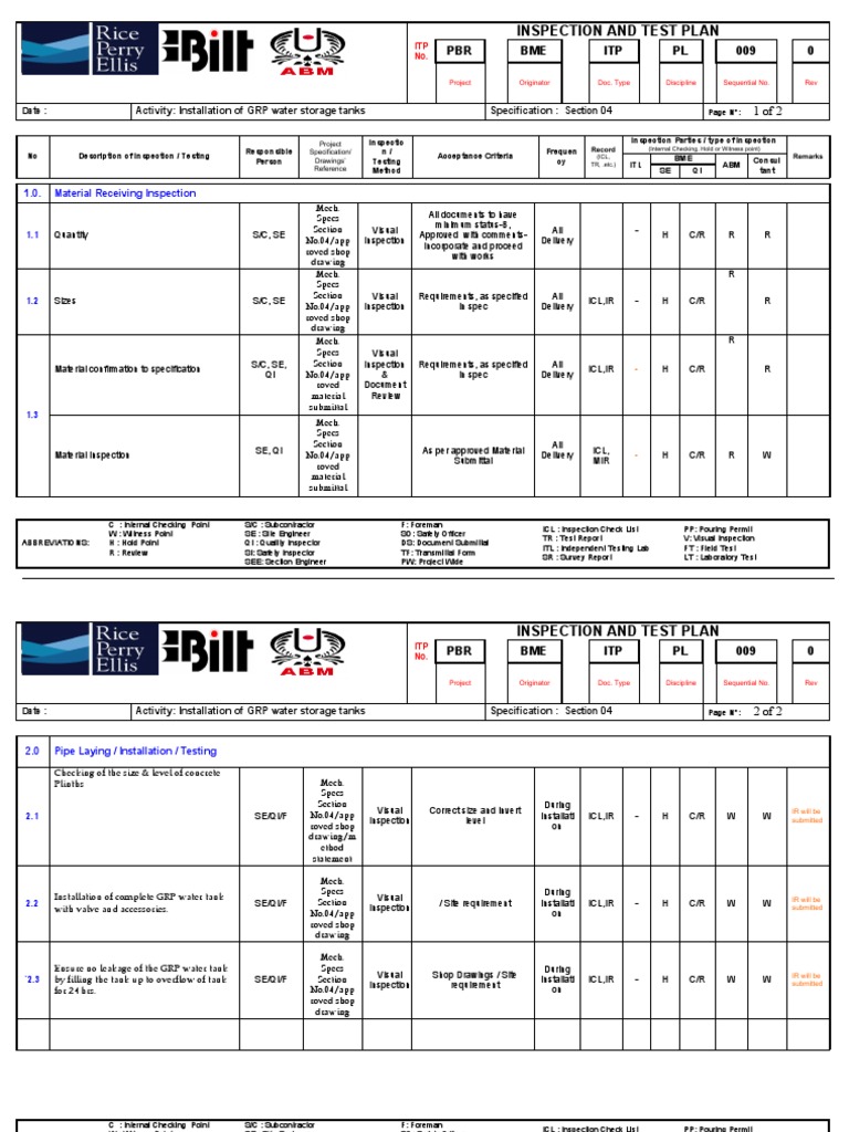 GRP Water Tank Installation ITP | PDF | Business Process | Quality
