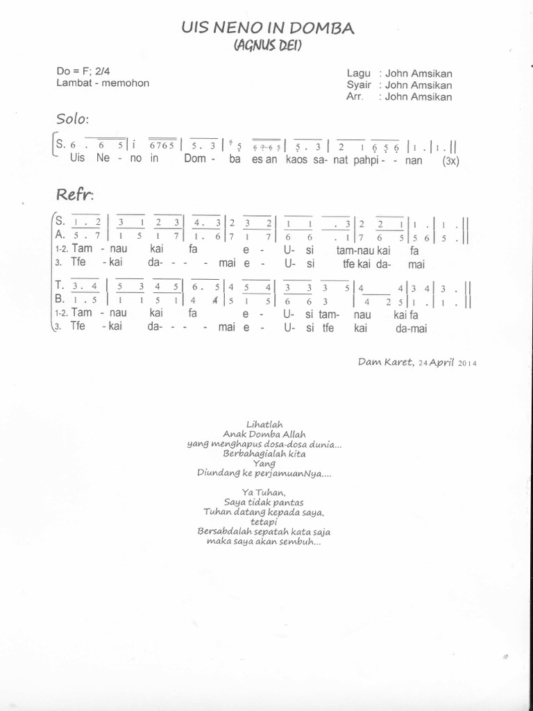 Lagu Anak Domba Allah Uis Neno in Domba | PDF