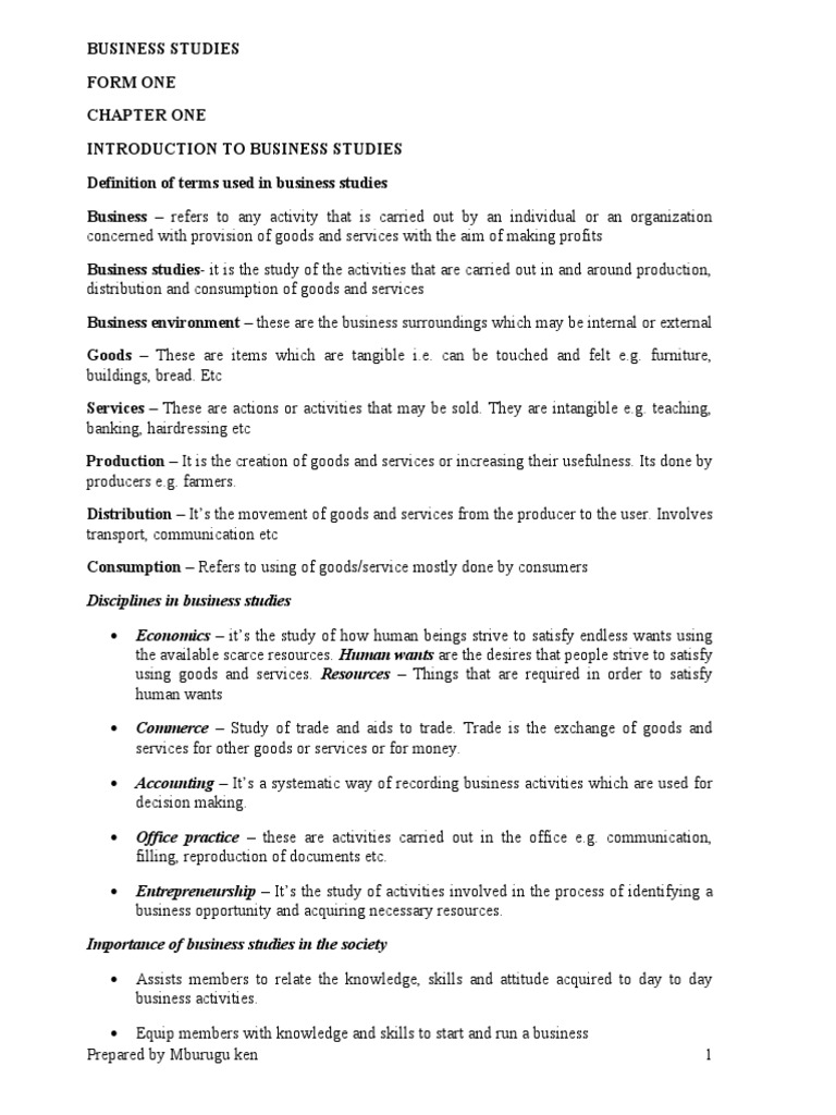 Business Studies f1 Notes | PDF | Goods | Entrepreneurship