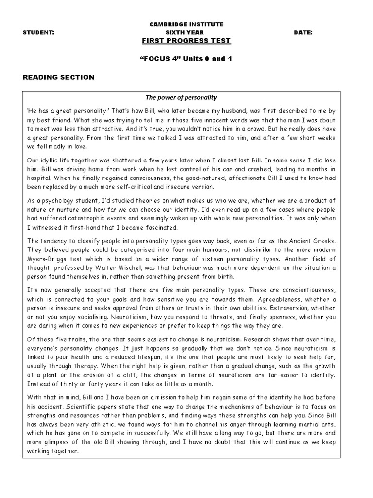 First Progress Test 6TH | PDF | Extraversion And Introversion | Psychology