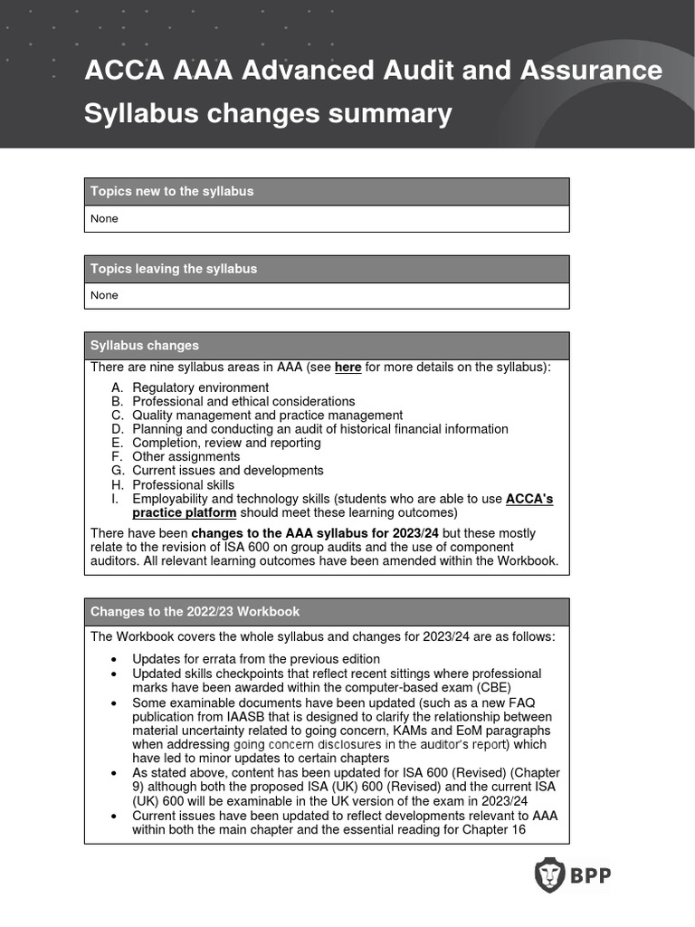 ACCA AAA Syllabus Changes Summary 23-24 | PDF | Audit | Going Concern
