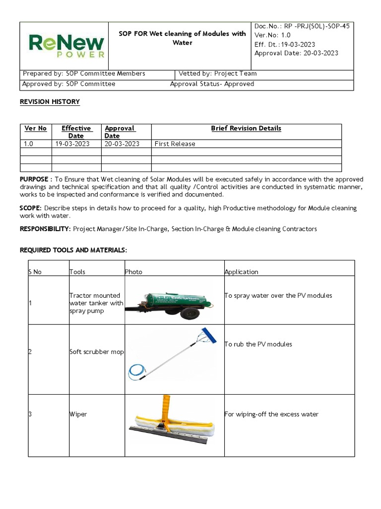 SOP for Wet Cleaning Solar Modules | PDF | Solar Panel | Personal ...
