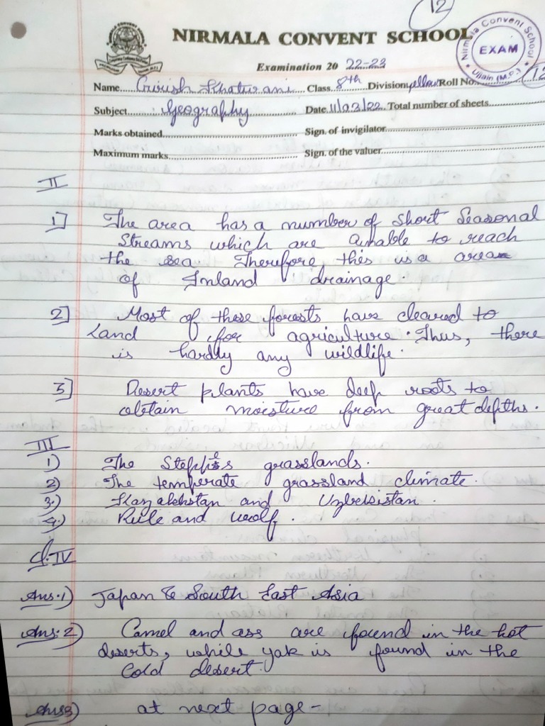 Nirmala Convent Schoo, (Annuall Examination Paper) Name-Girish Khatwani ...