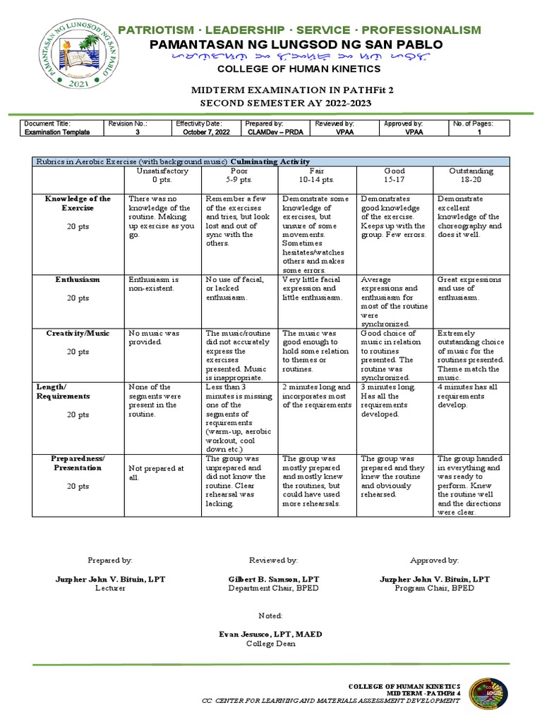PathFit 2 Midterm Exam Rubrics | PDF