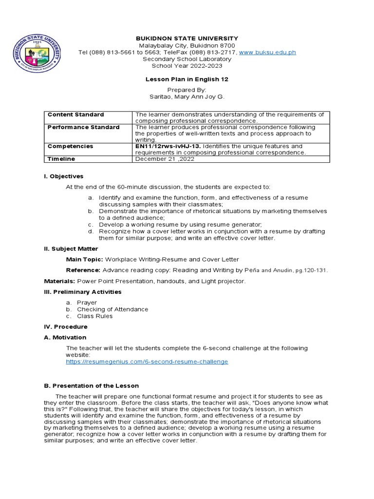 Lesson Plan in English12 | PDF | Résumé | Teachers