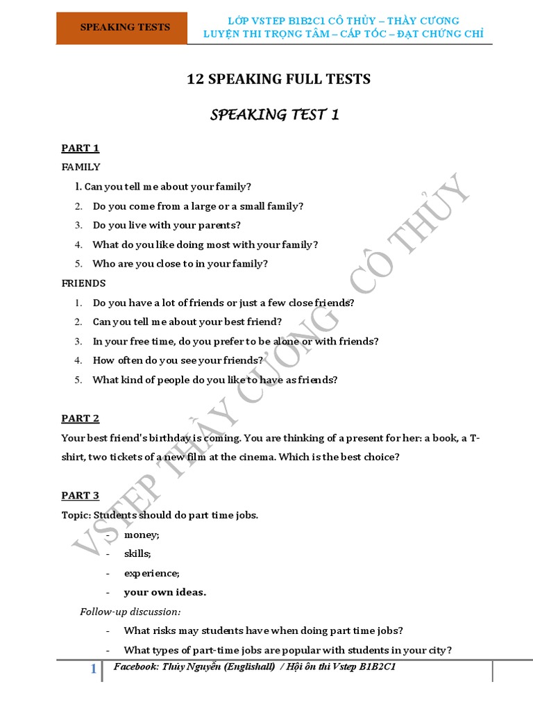 12 Speaking Full Tests | PDF