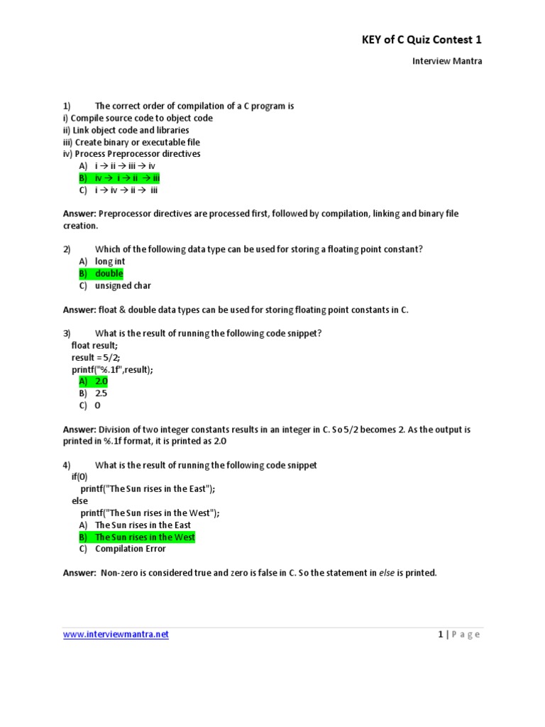 C Programming Quiz with Answers | PDF | C (Programming Language ...