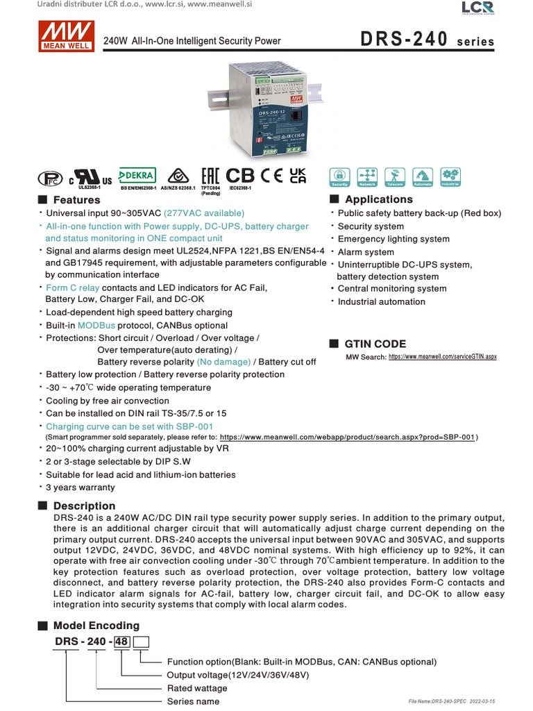 UPS - Mean Well - DRS-240 Series - Datasheet - Eng | PDF