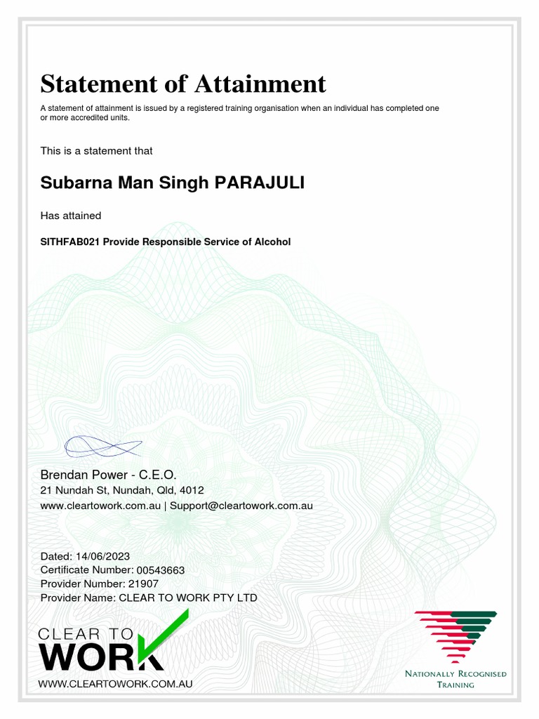 RSA Statement of Attainment QLD | PDF