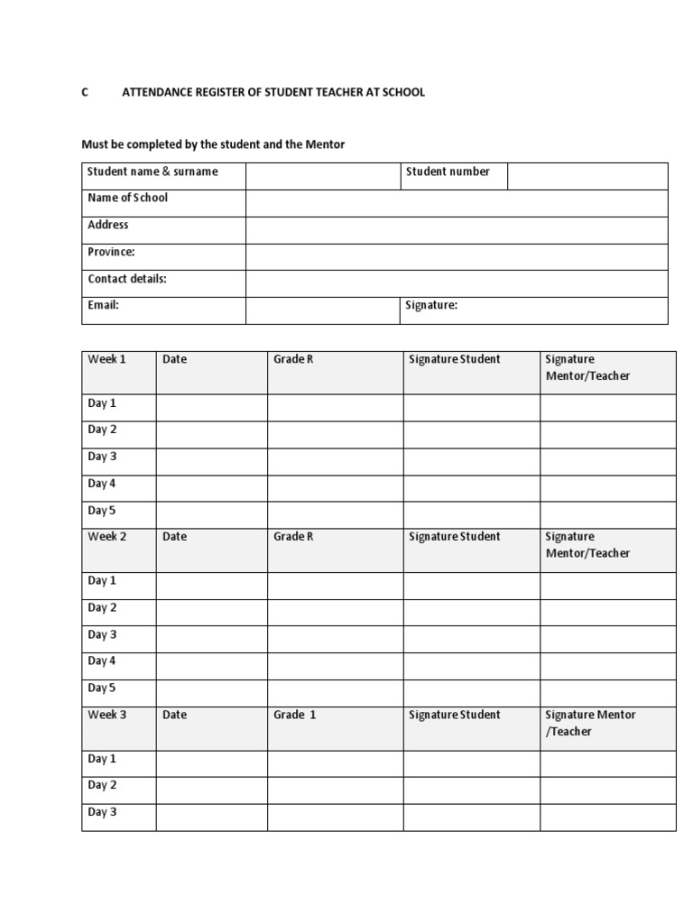 Attendance Register of Student Teacher at School (1) | PDF