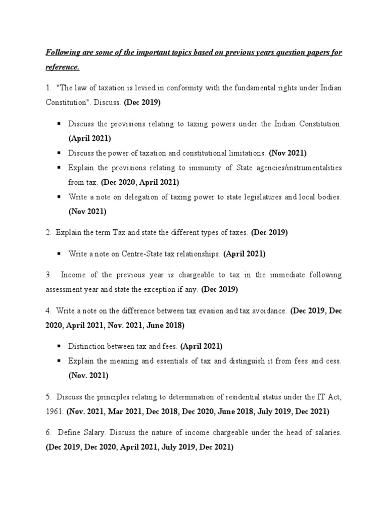 Key Taxation Law Exam Topics | PDF | Tax Deduction | Taxes