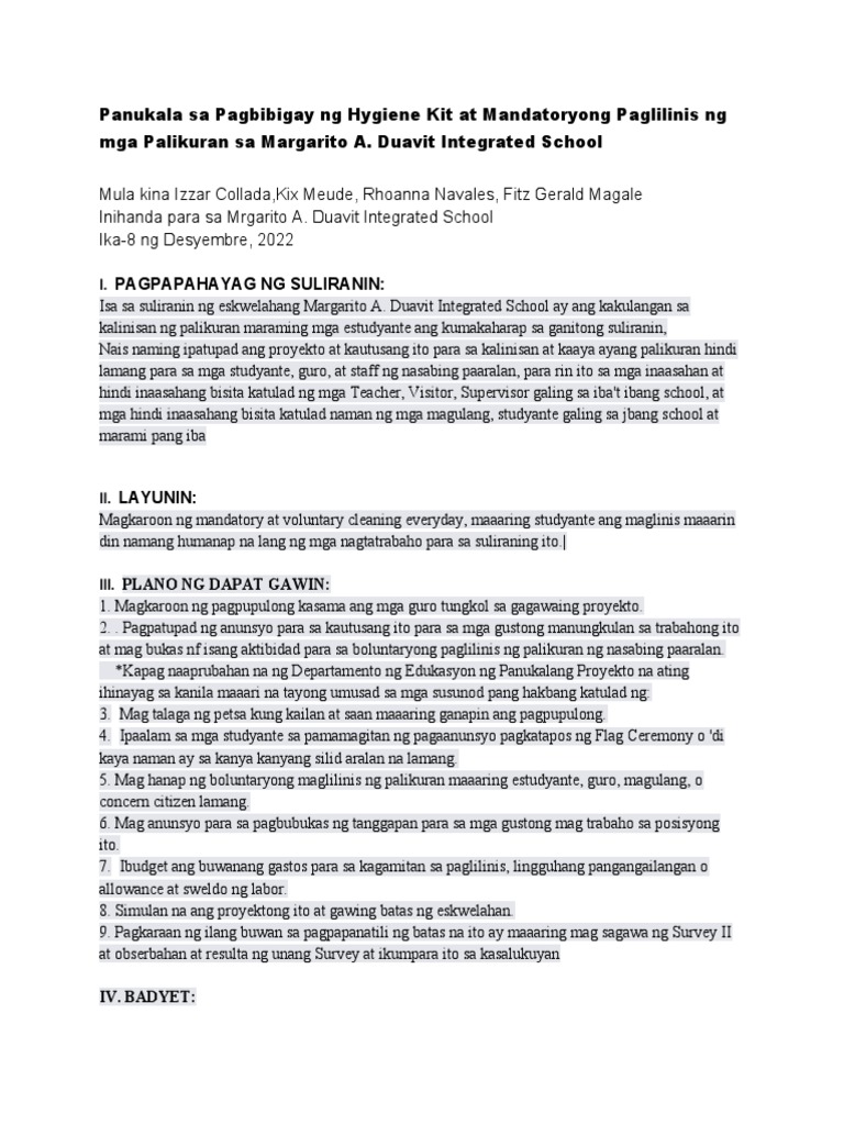 Panukala Sa Pagbibigay NG Hygiene Kit at Mandatoryong Paglilinis NG Mga ...