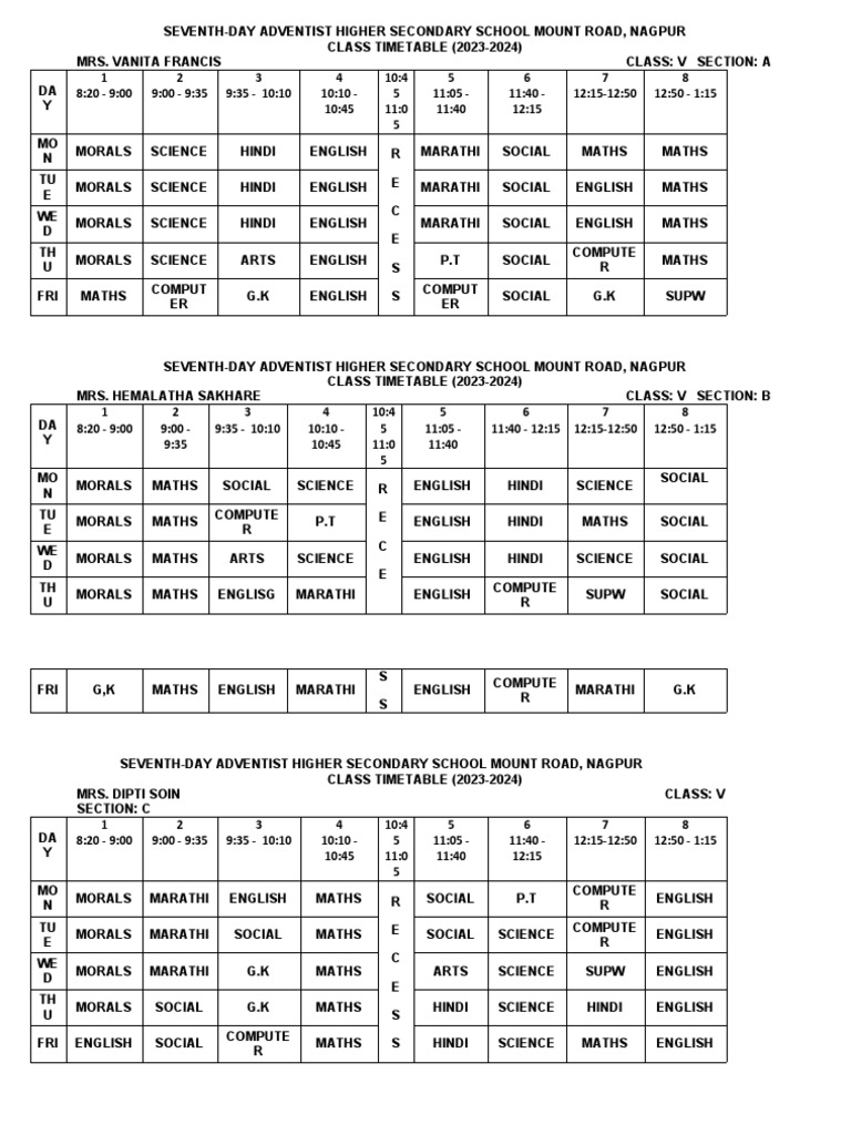 Class Time Table V 2023 2024 Pdf Seventh Day Adventist Church