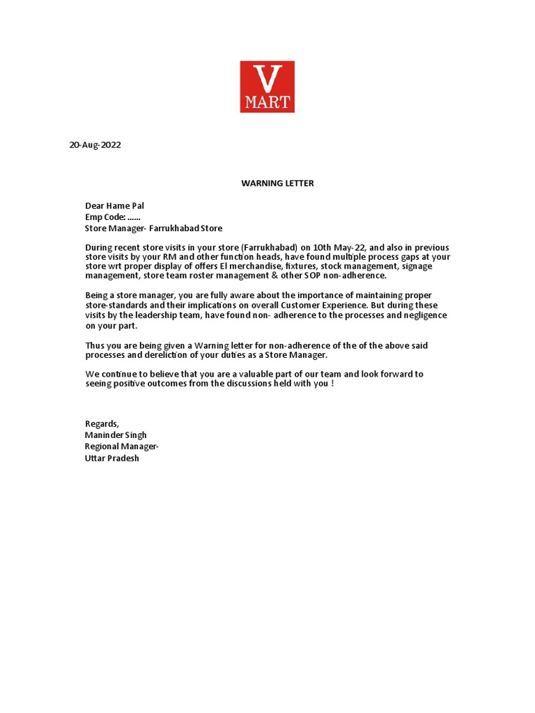 Farrukhabad Store Manager Warning | PDF