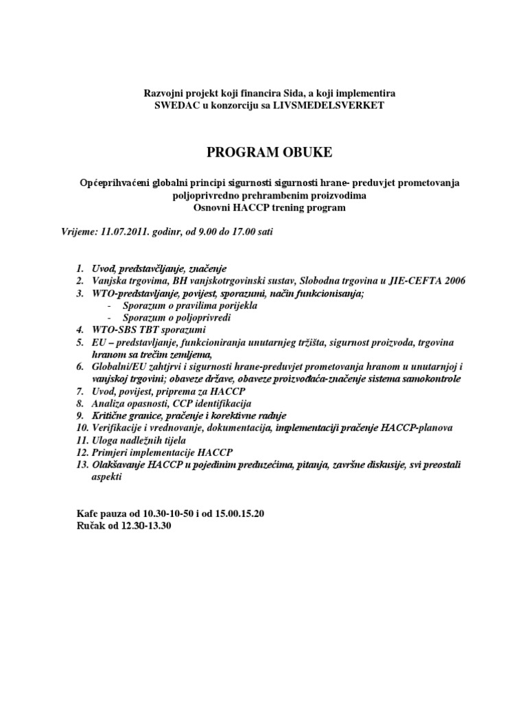 HACCP Program Obuke Zenica 11 12 Juli 2011 | PDF