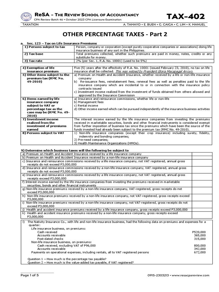 TAX-402 (Other Percentage Taxes - Part 2) | PDF | Taxes | Insurance