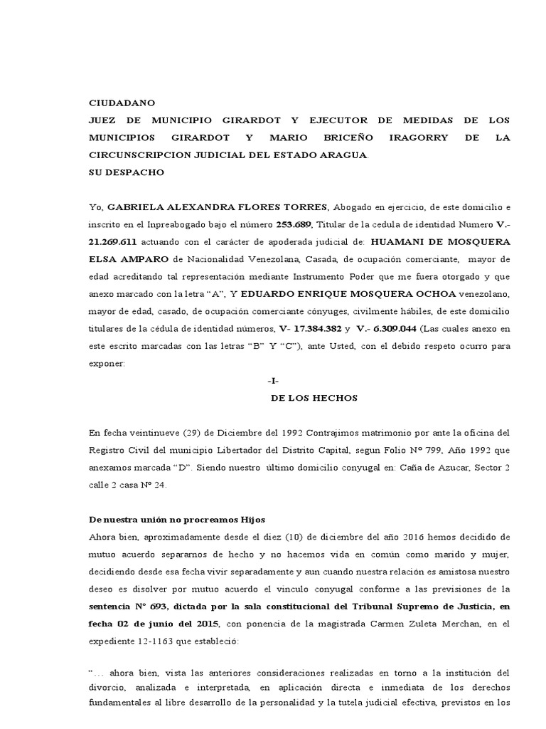 Solicitud de Divorcio Mutuo en Aragua | PDF | Divorcio | Juez