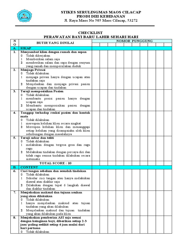 Ceklist Perawatan Bayi Sehari-Hari 2021-2022 | PDF