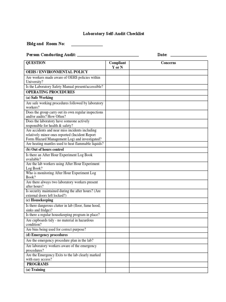 Laboratory Safety Self-Audit Checklist | PDF | Laboratories | Personal ...
