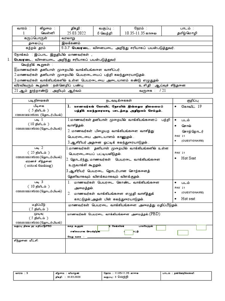 RPH Bahasa Tamil Tahun 6 | PDF