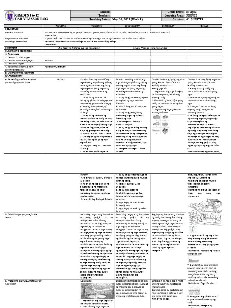 DLL - Science 3 - Q4 - W1 | PDF