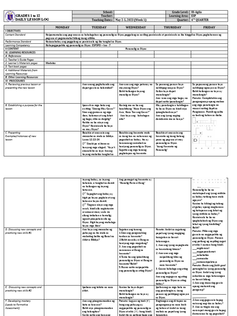 GRADES 1 To 12 Daily Lesson Log Monday Tuesday Wednesday Thursday ...