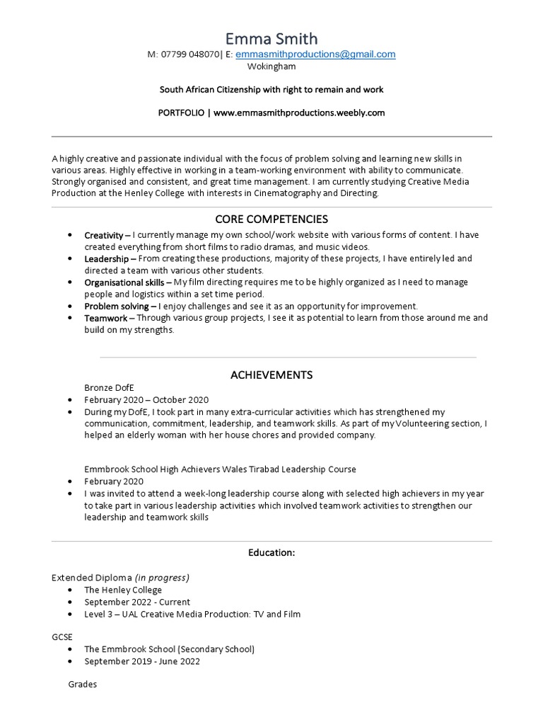 Emma Smith CV 1a | PDF | Business