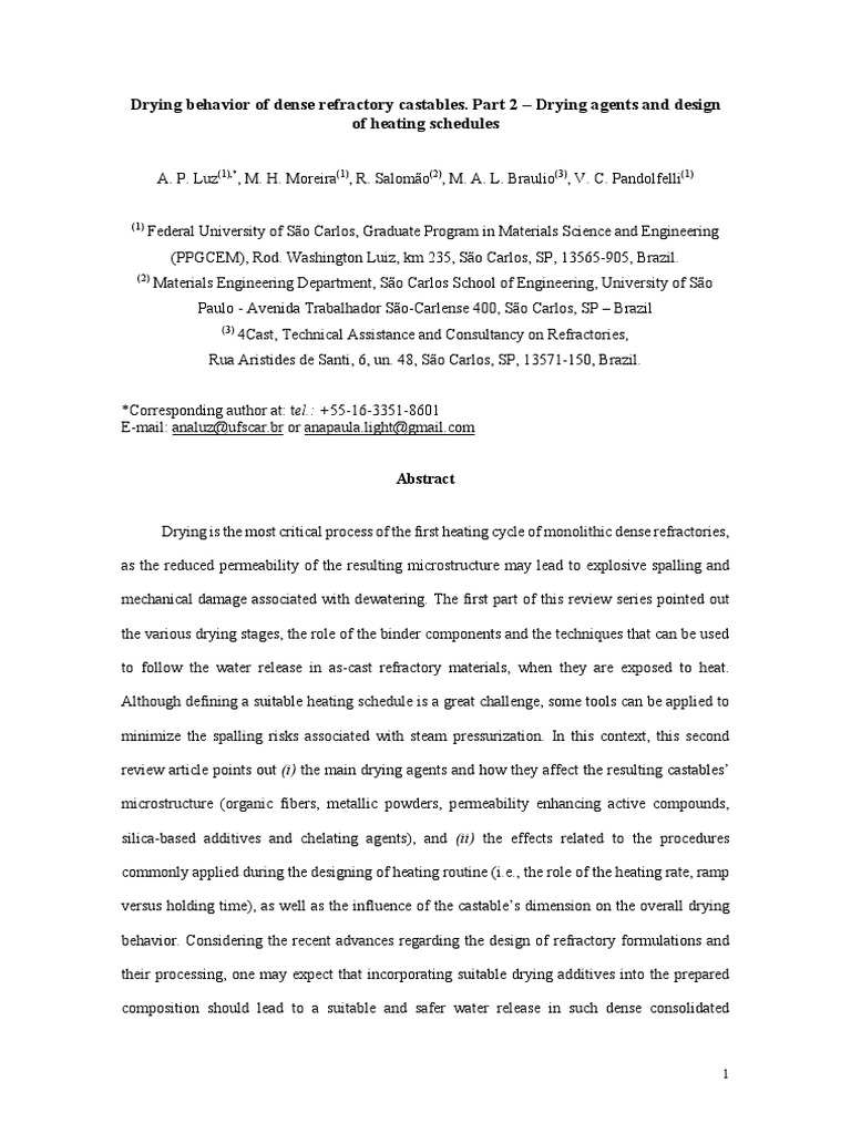 Drying Behavior of Dense Refractory Castables Part | PDF | Refractory ...