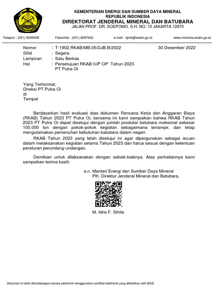 Surat Rkab 2023 1278 Tte | PDF