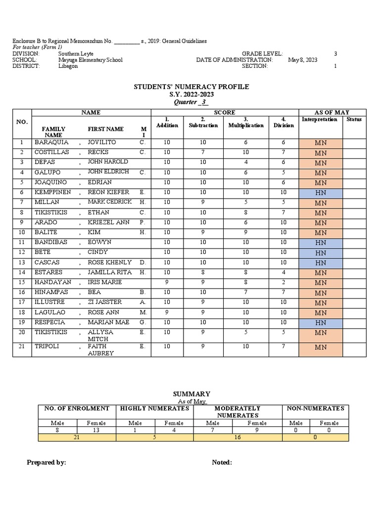 Numeracy Profile.q3 g3 | PDF