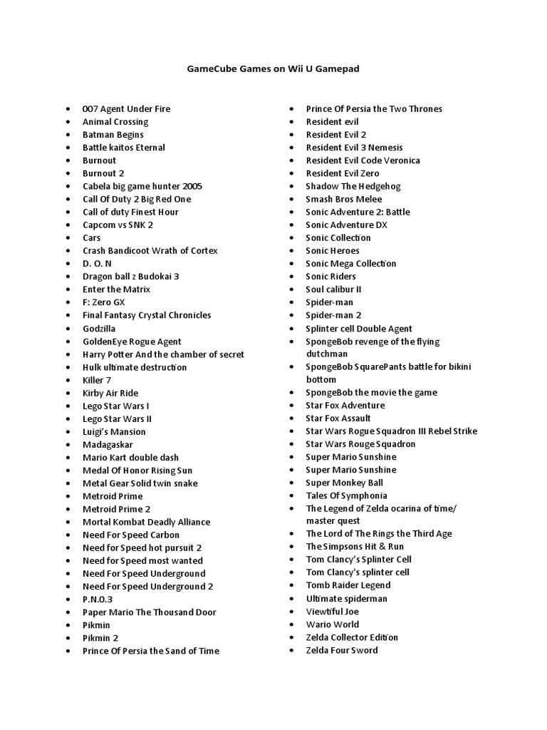 GameCube Games List for Wii U | PDF | The Legend Of Zelda | Video Games