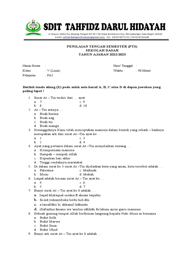 Soal PTS PAI Kelas 5 SD 2022/2023 | PDF