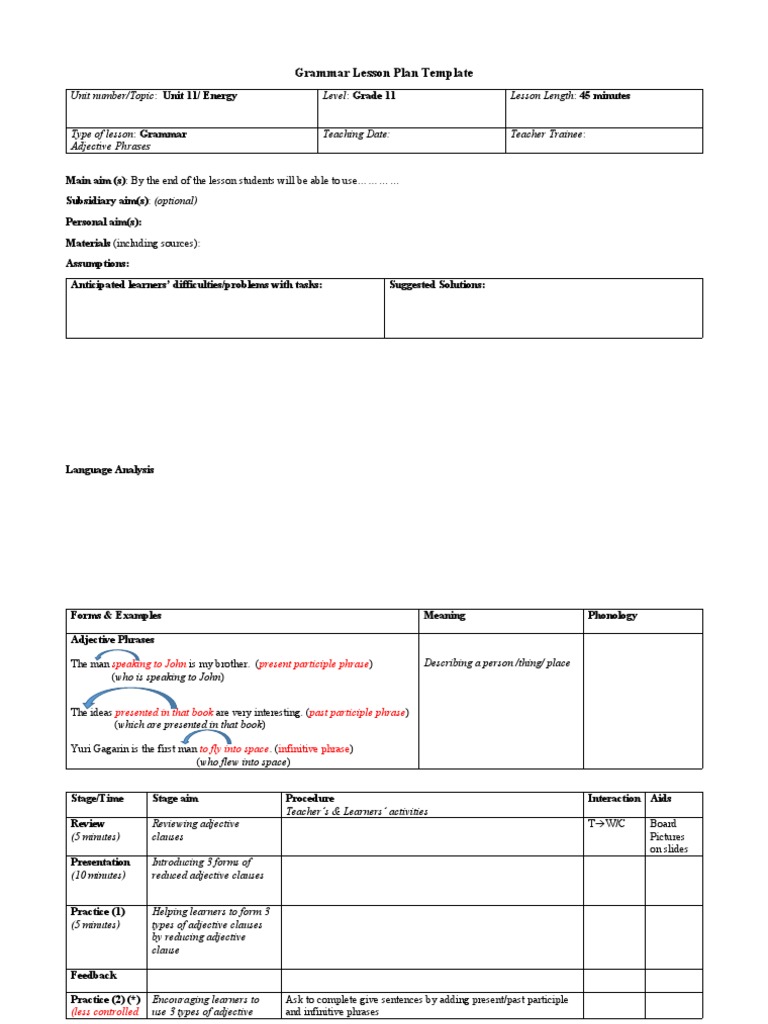 Grammar Lesson Plan Template | PDF | Adjective | Lesson Plan