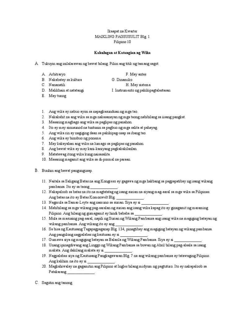 4th QTR Fil 10 Quiz | PDF