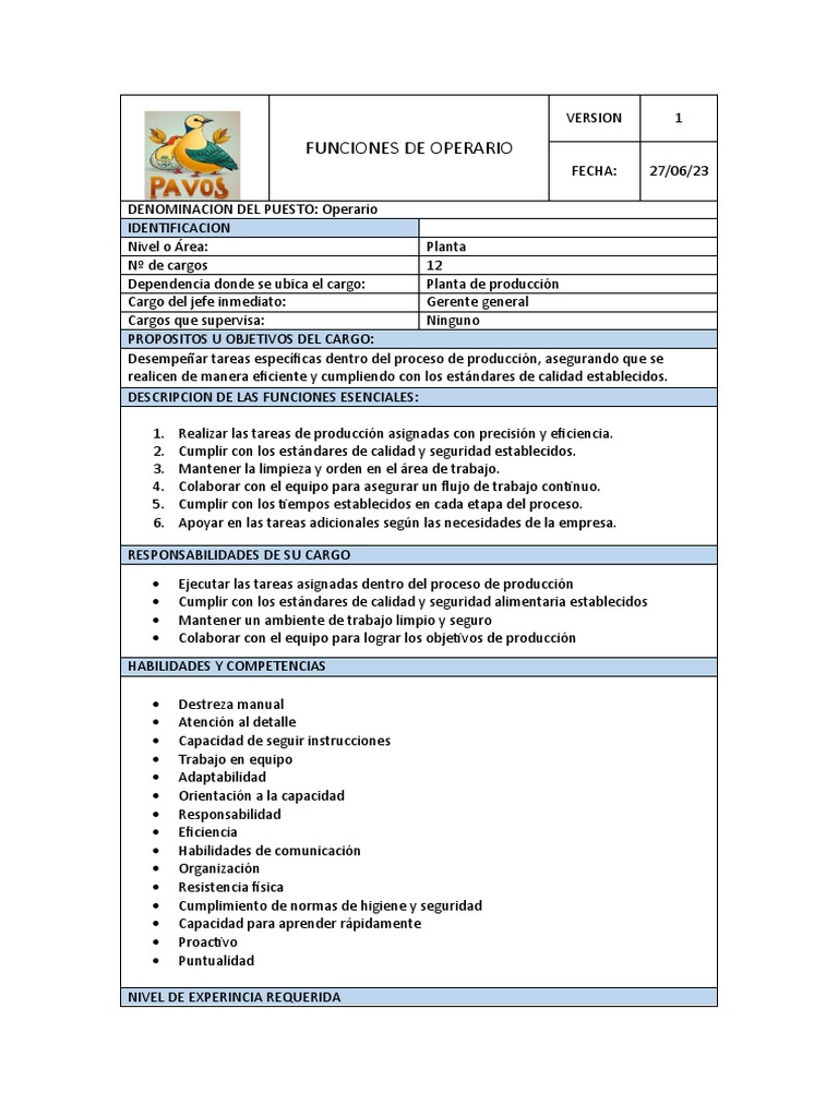 Funciones del Operario de Producción | PDF