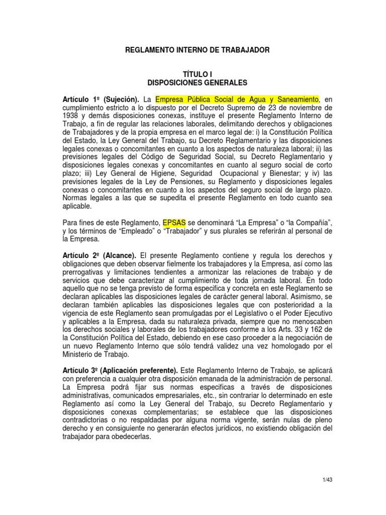 Reglamento Interno de Trabajo EPSAS | PDF | Derecho laboral | Regulación