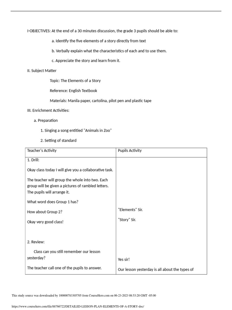 Detailed Lesson Plan Elements of A Story | PDF