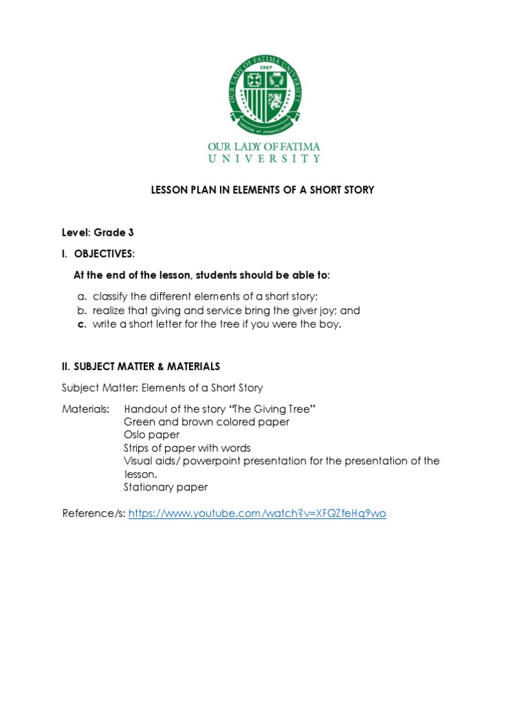 Lesson Plan in Elements of A Short Story The Giving Tree PDF | PDF