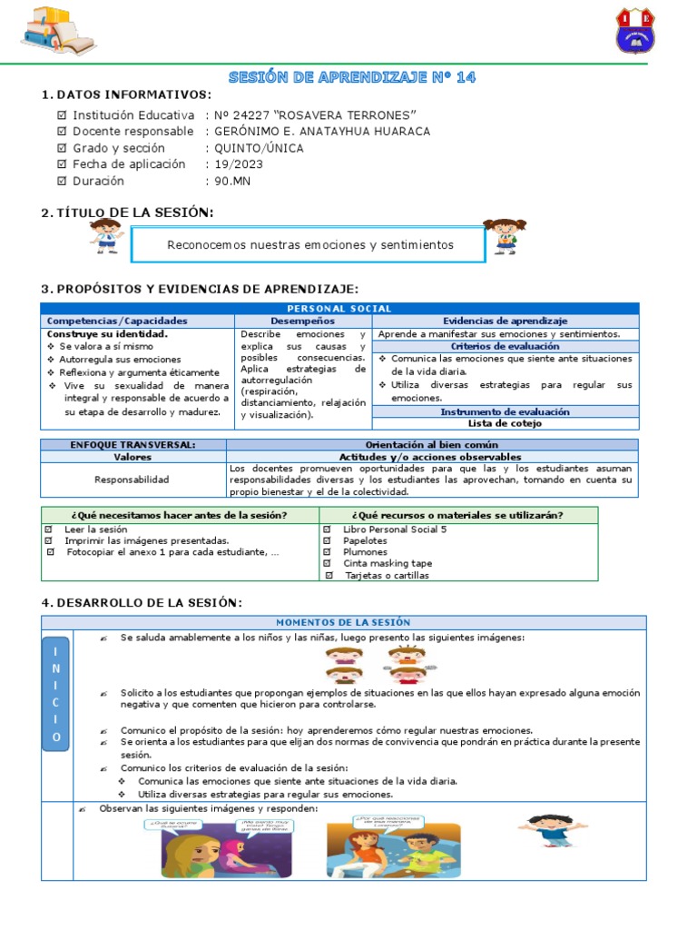 Sesión de Aprendizaje n14 | PDF | Las emociones | Evaluación